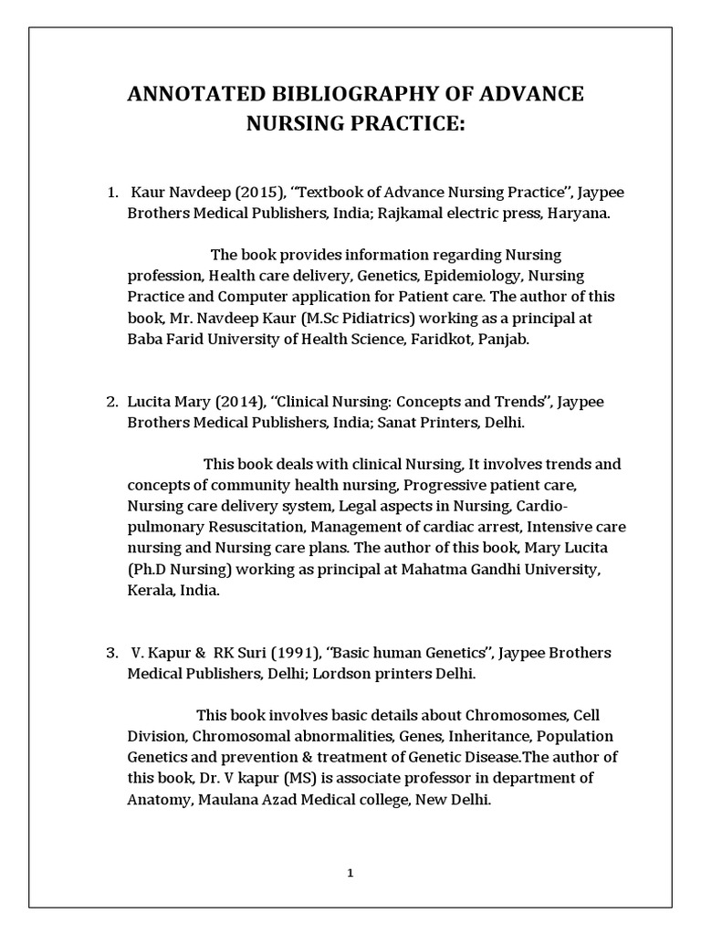 Annotated Bibliography of Advance Nursing Practice | PDF | Gynaecology | Obstetrics