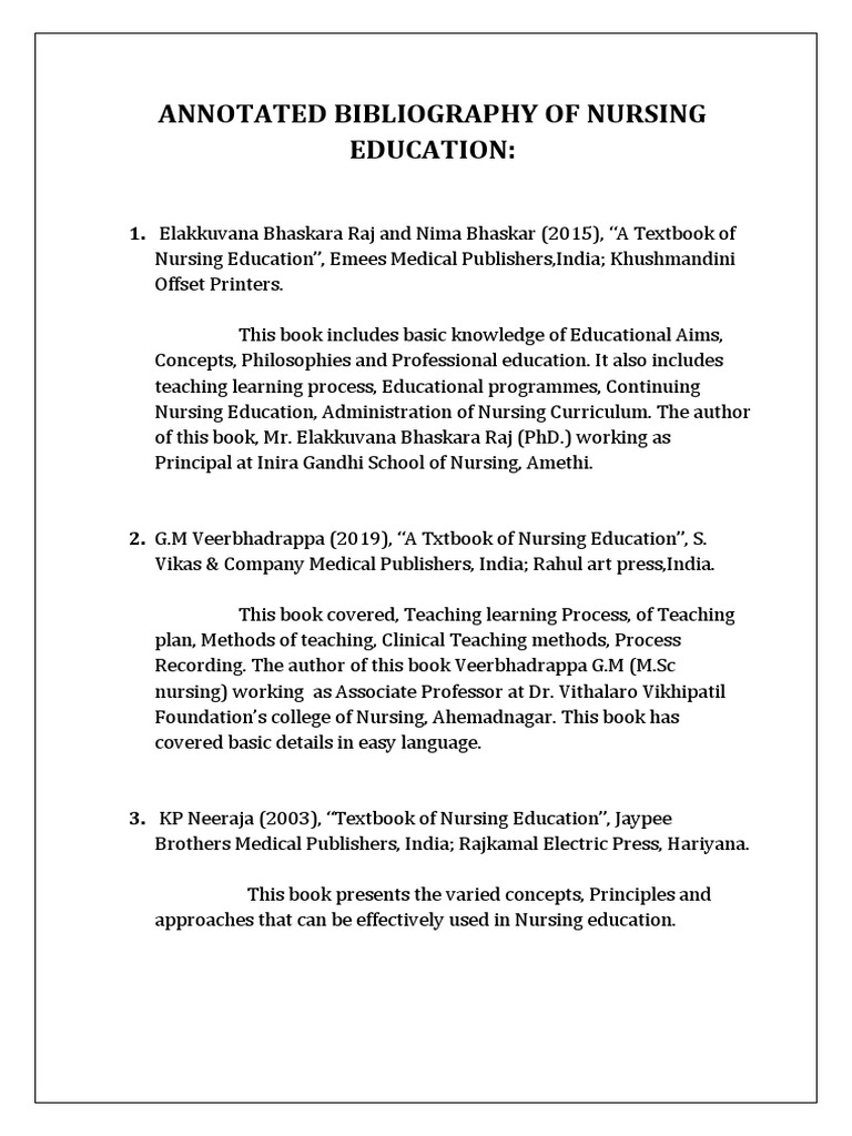 Annotated Bibliography of Nursing Education:: 1. Elakkuvana Bhaskara ...