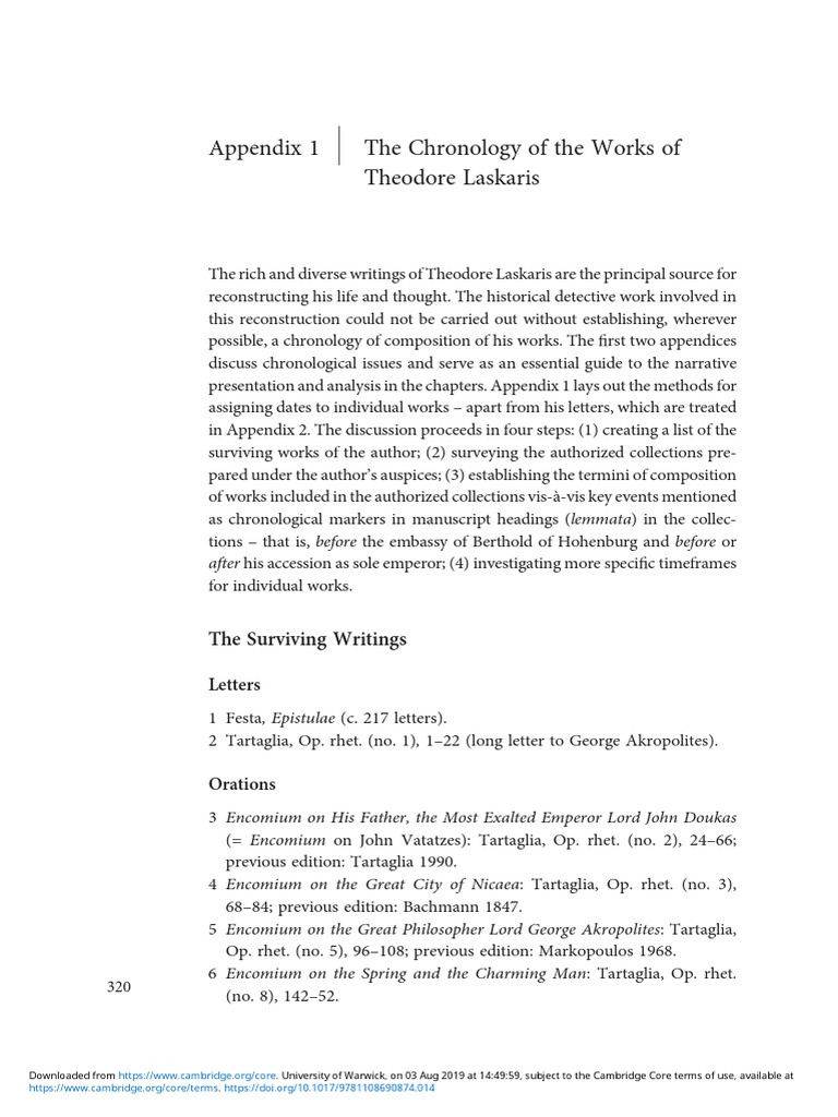 Appendix 1 The Chronology of The Works of Theodore Laskaris | PDF ...