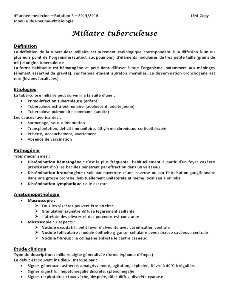 Tuberculose miliaire : définition et diagnostic | PDF | Tuberculose ...