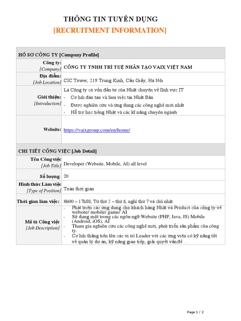 JD - Internship - Developer All Level - VAIX | PDF