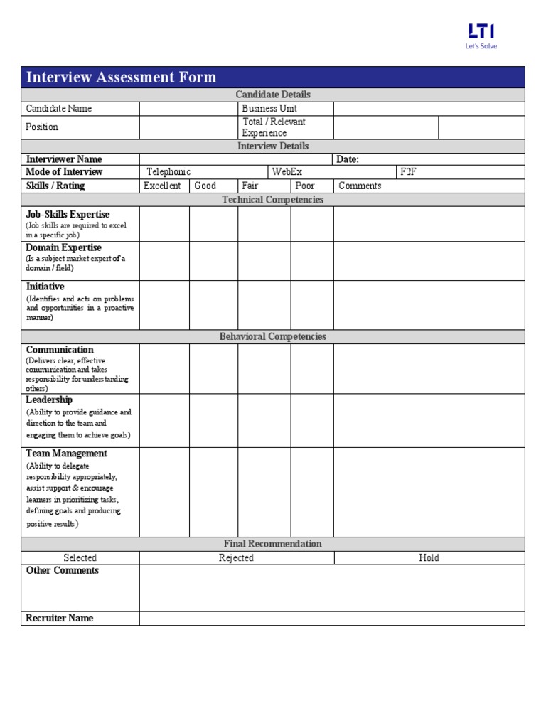 Interview Assessment Form: Candidate Name Business Unit Position Total ...