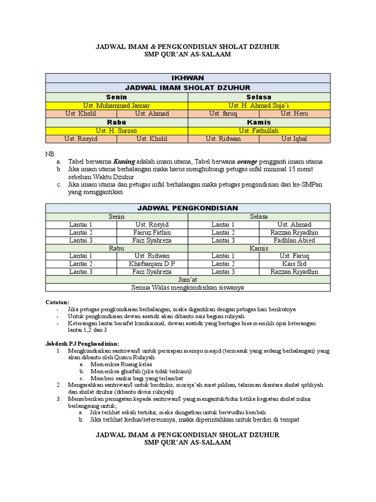 Jadwal Imam Sholat Dzuhur Dewan Guru | PDF