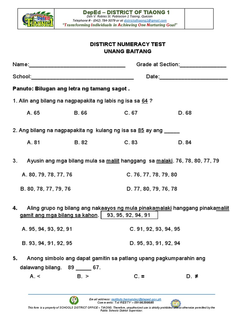 Final Grade 1 Numeracy Edited | PDF