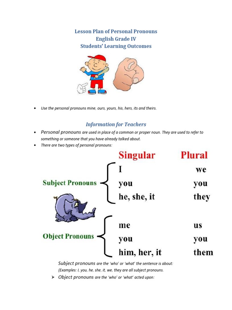 Lesson Plan of Personal Pronouns | PDF | Pronoun | English Language