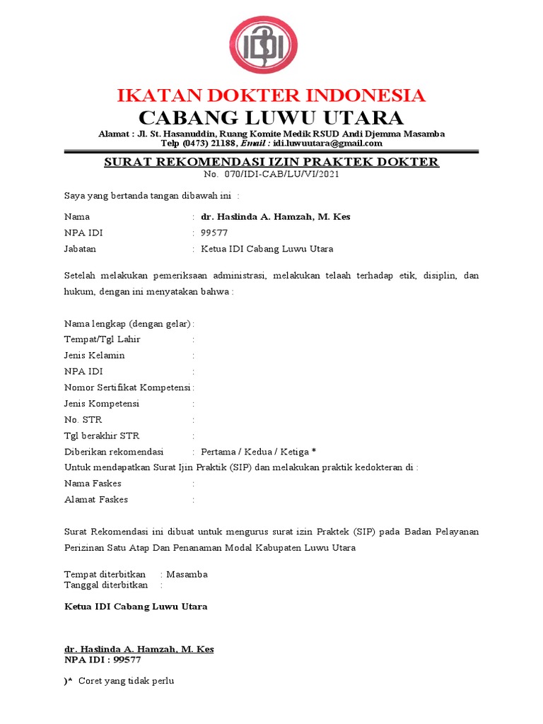 Surat Rekomendasi SIP Dokter 2021 | PDF