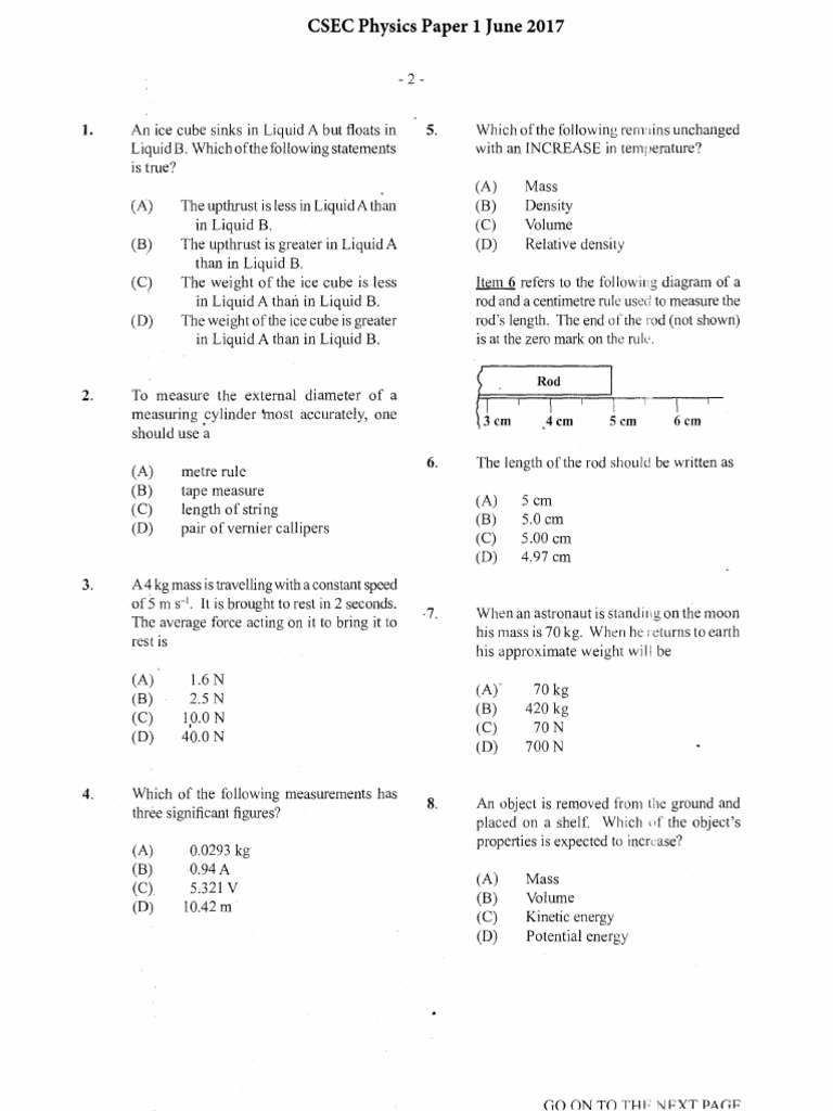 CSEC Physics Paper 1 June 2017-1 | PDF | Heat | Electron