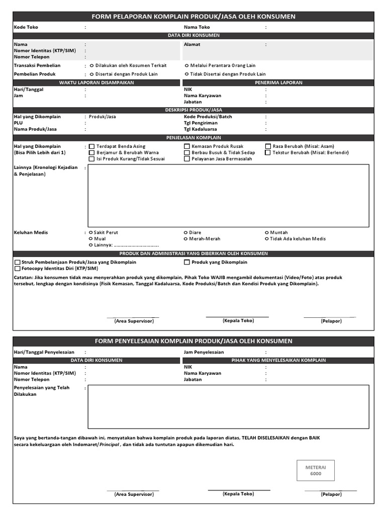 Form Pelaporan Penyelesaian Komplain Produk Jasa Oleh Konsumen | PDF