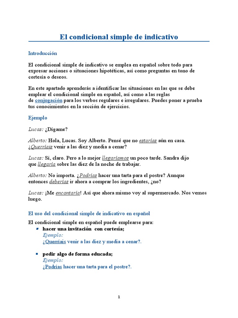 El uso del condicional simple en español: expresar hipótesis, cortesía ...
