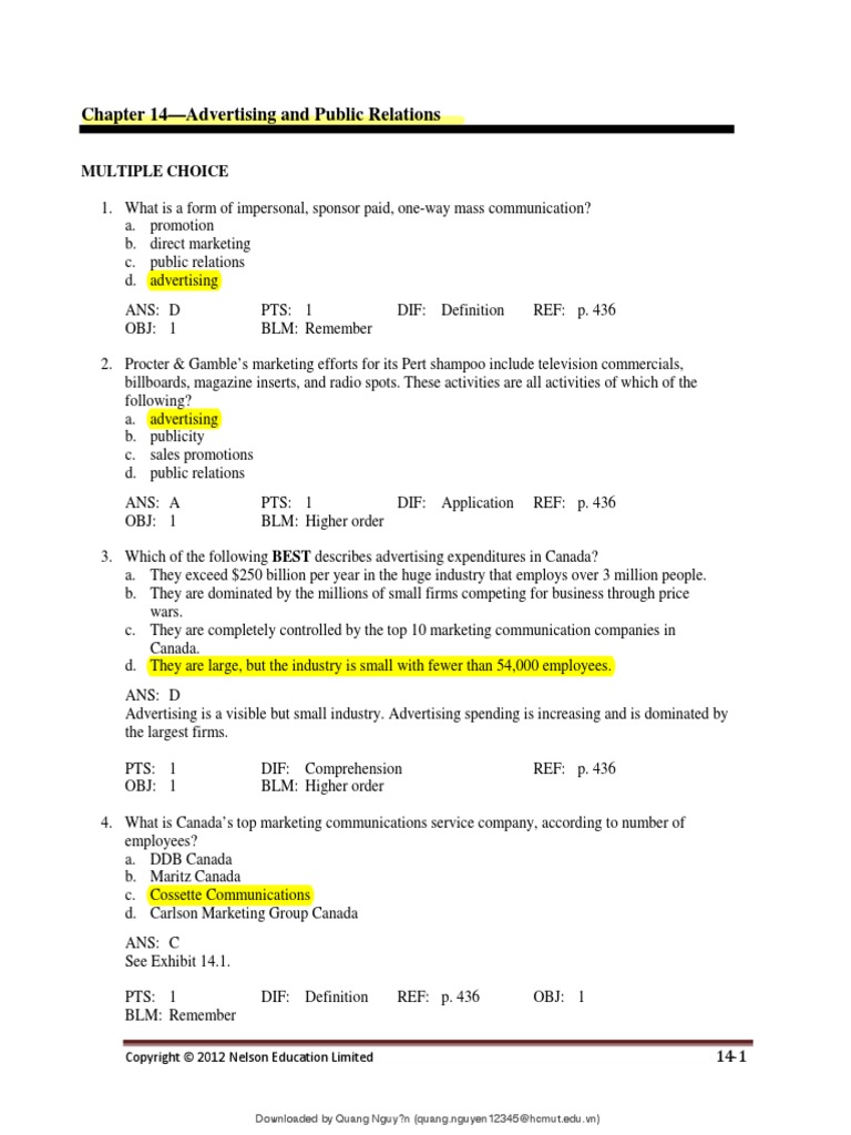 Chapter 14-Advertising and Public Relations: Multiple Choice | PDF ...