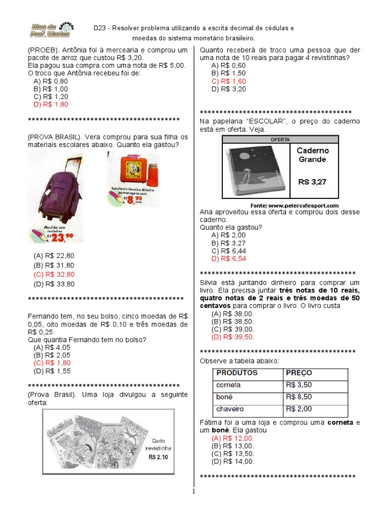 D23 - Resolver Problema Utilizando A Escrita Decimal de Cédulas e Moedas Do Sistema Monetário ...