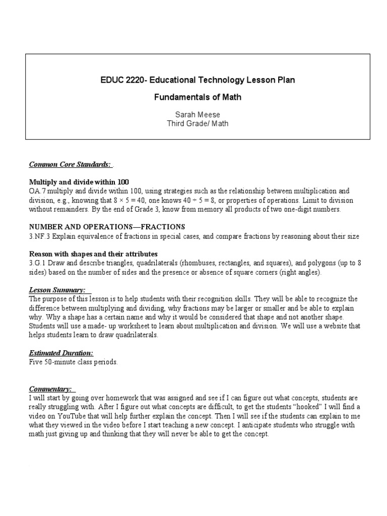 EDUC2220 Lesson Plan Template | PDF | Shape | Rectangle