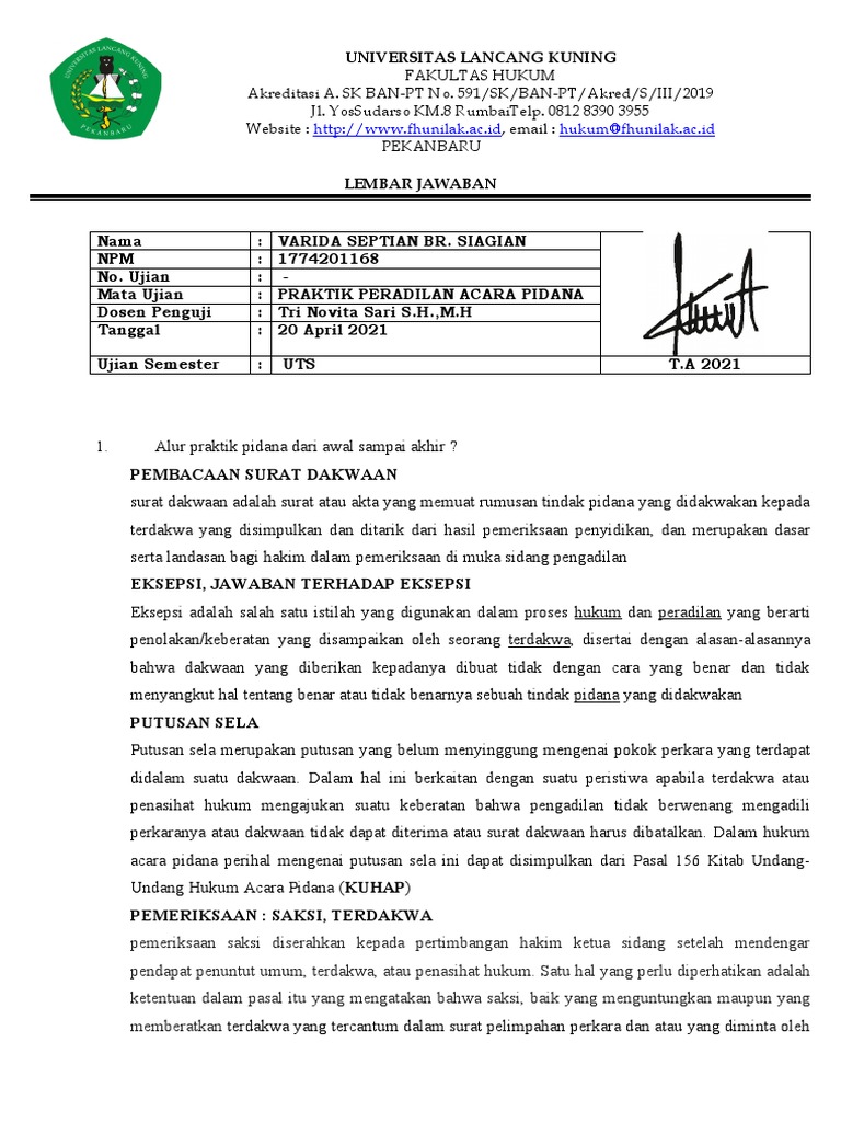 Jawaban UTS Praktik Pidana Varida Siagian 2021. | PDF
