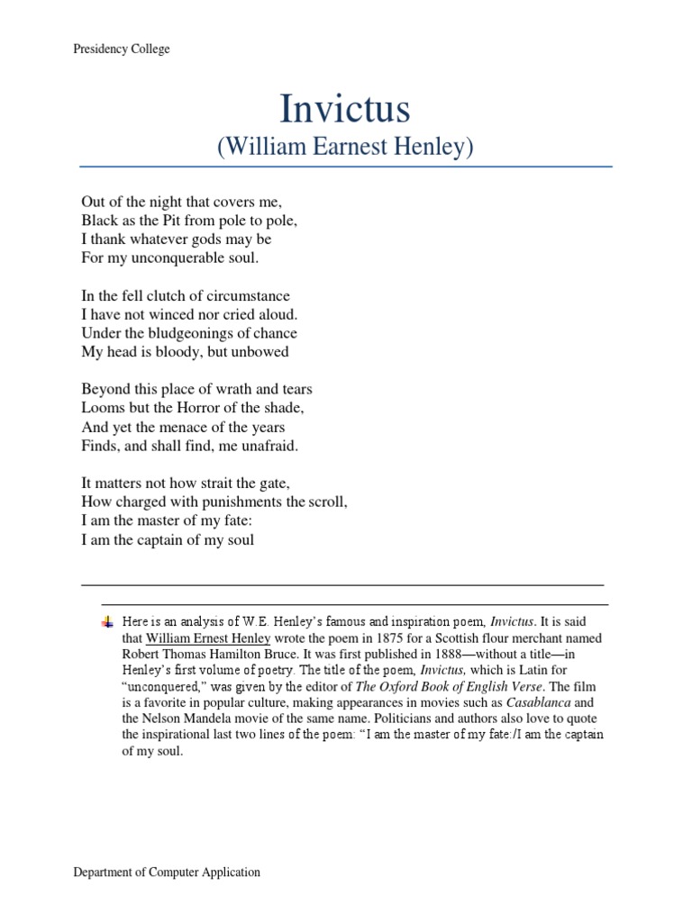 Invictus: (William Earnest Henley) | PDF | Poetry