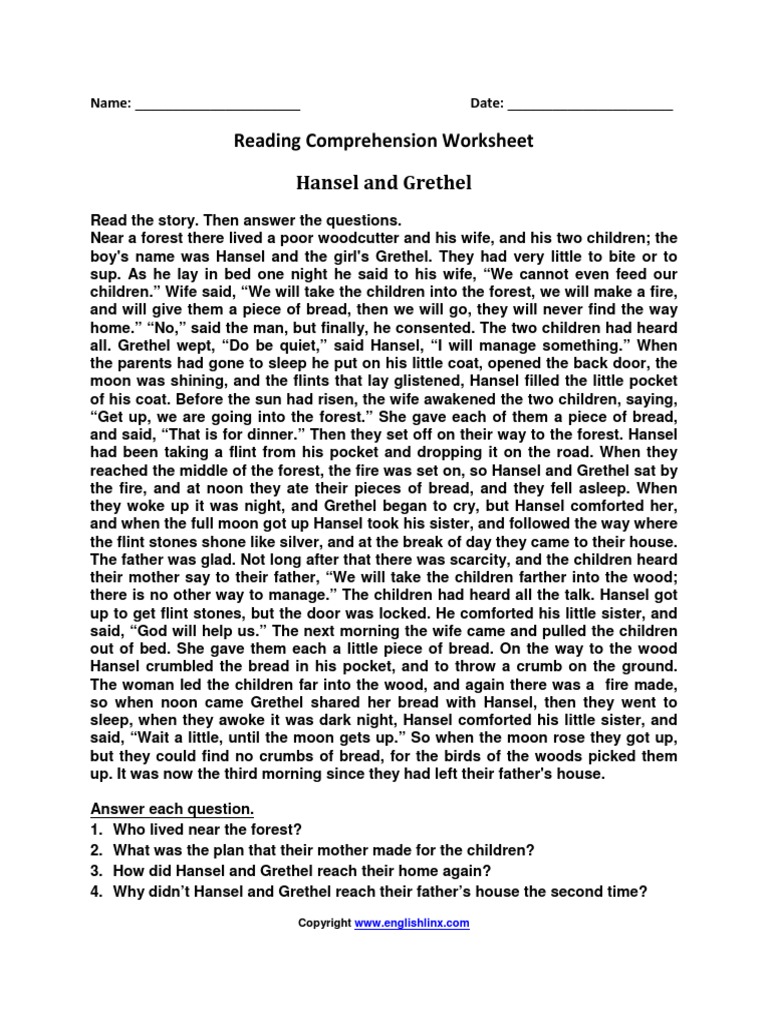 Reading Comprehension Worksheet Hansel and Grethel | PDF | Hansel And ...