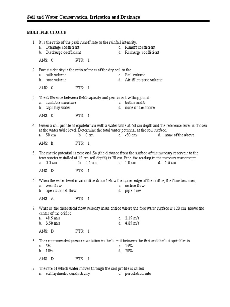 Soil and Water Conservation, Irrigation and Drainage: Multiple Choice ...