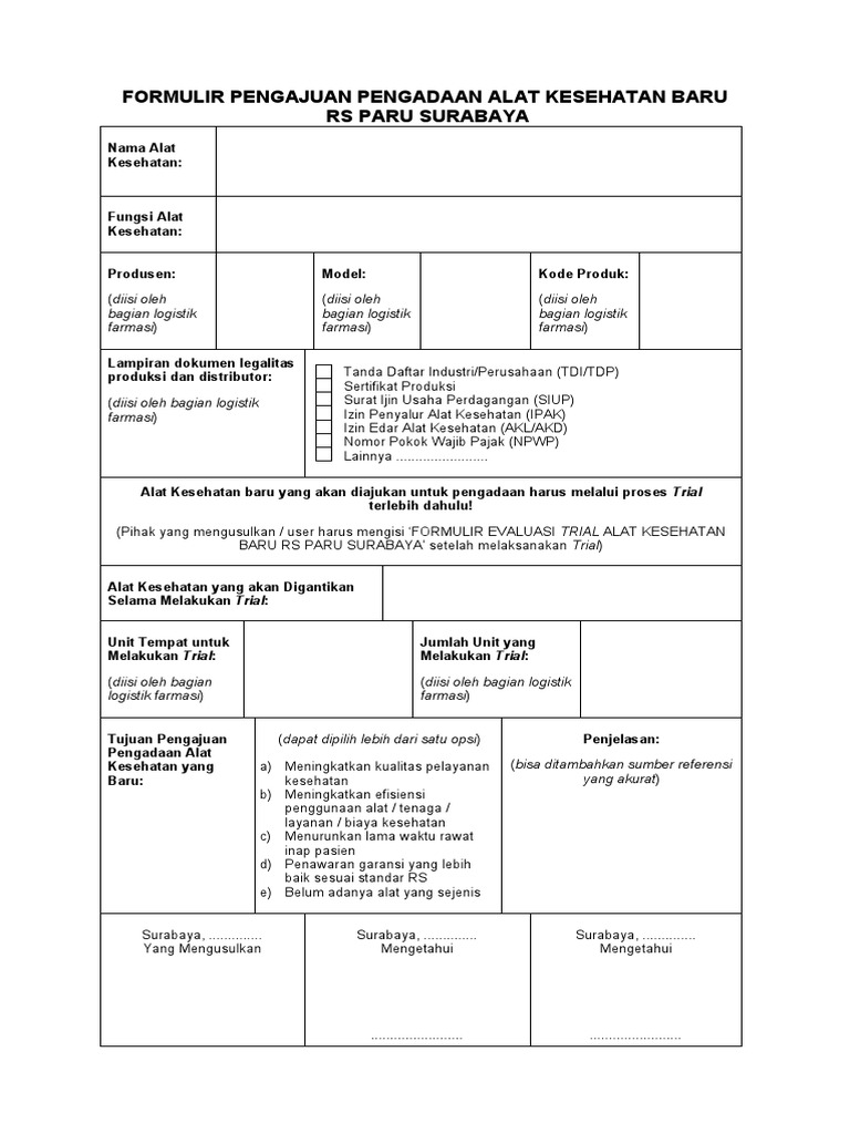 Formulir Pengajuan Pengadaan Alat Kesehatan Baru Rs Paru Surabaya | PDF ...
