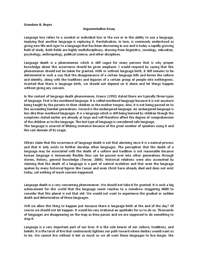 Granduer B. Reyes Argumentative Essay | PDF | Human Nature | Cognition