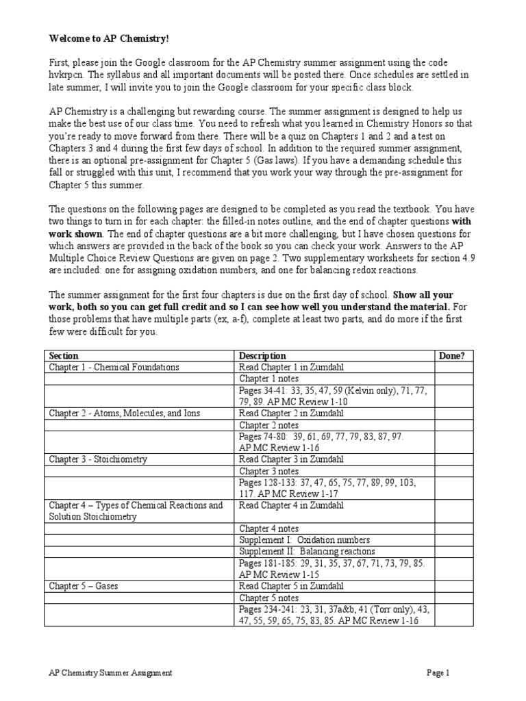 Welcome To AP Chemistry!: Section Description Done? | PDF | Redox | Ion