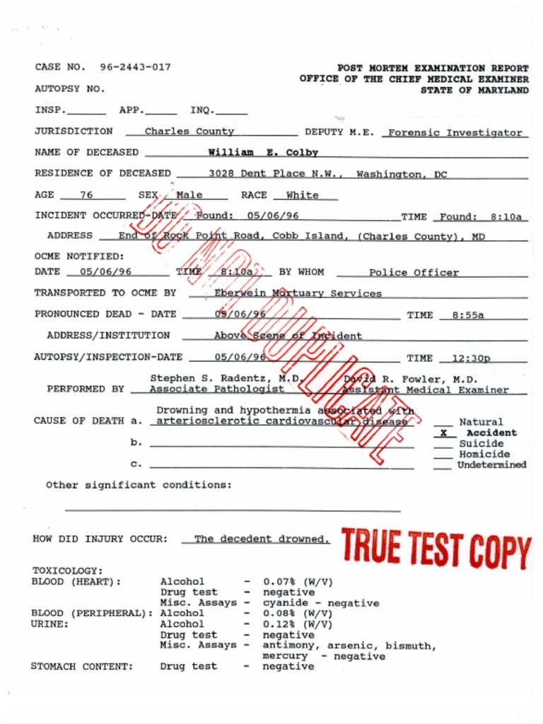 William Colby Autopsy Report | PDF