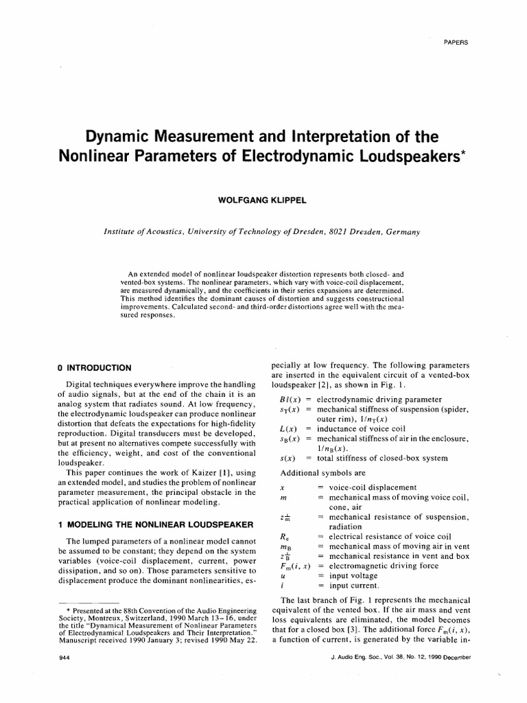 Dynamic Measurementand Interpretation of The Nonlinear Parameters of Electrodynamic Loudspeakers ...