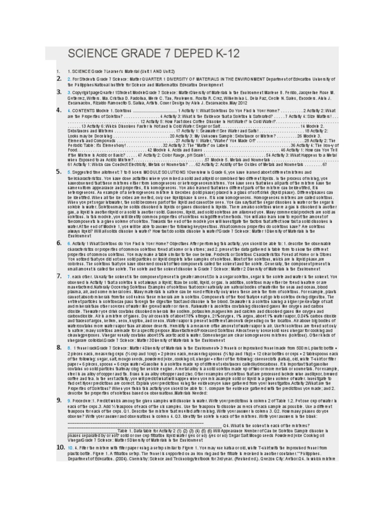 Science Grade 7 Deped K | PDF | Solution | Mixture