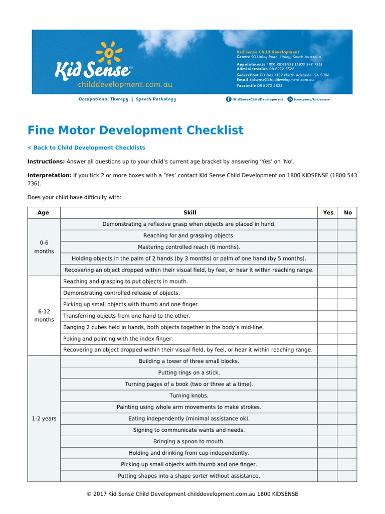 Fine Motor Development Checklist: Back To Child Development Checklists ...