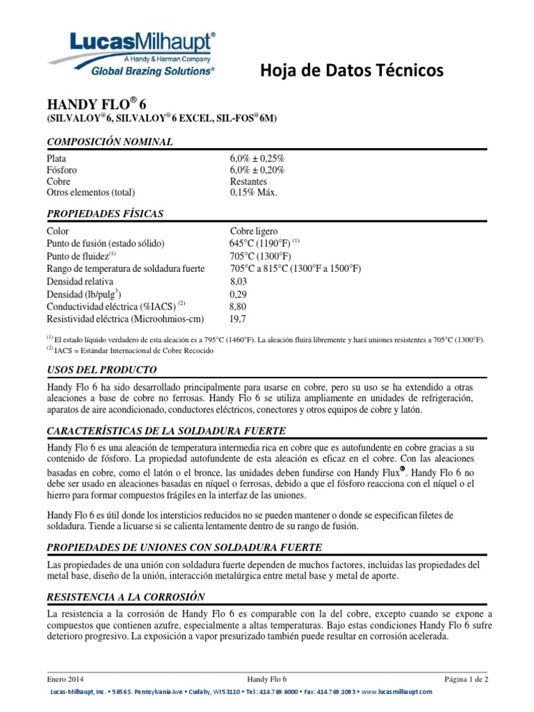 Handy Flo 6 TDS2018 Spanish | PDF | Cobre | Aleación
