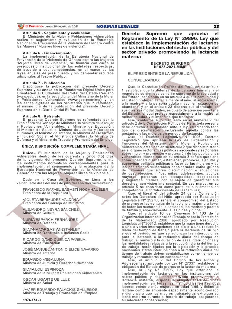 Decreto Supremo Que Aprueba El Reglamento de La Ley N 29896 Decreto Supremo N 023 2021 Mimp ...