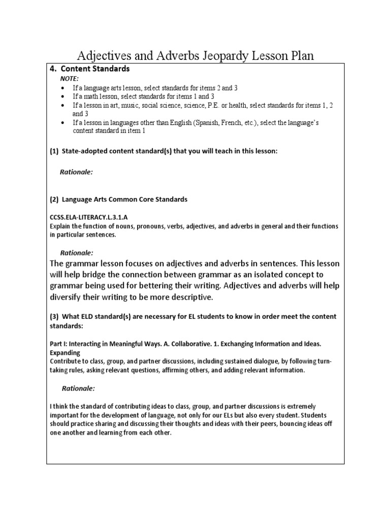 Adjectives and Adverbs Jeopardy Lesson Plan | PDF | Adverb | Adjective