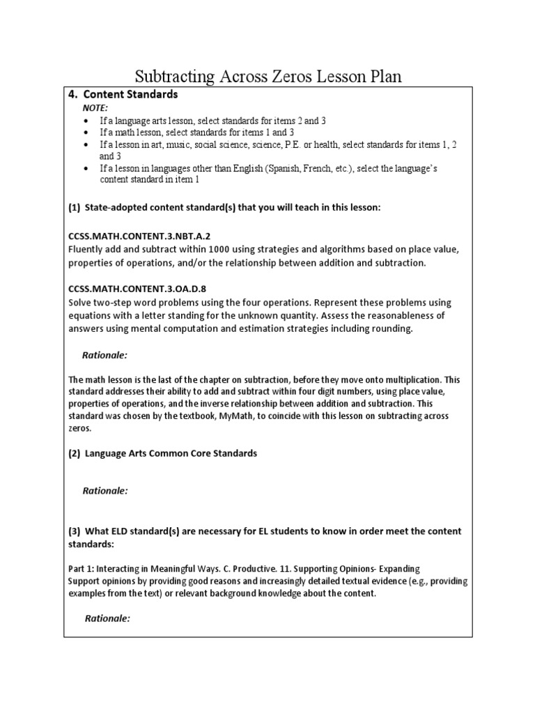 Subtracting Across Zeros Lesson Plan | PDF | Educational Assessment | Neuropsychological Assessment