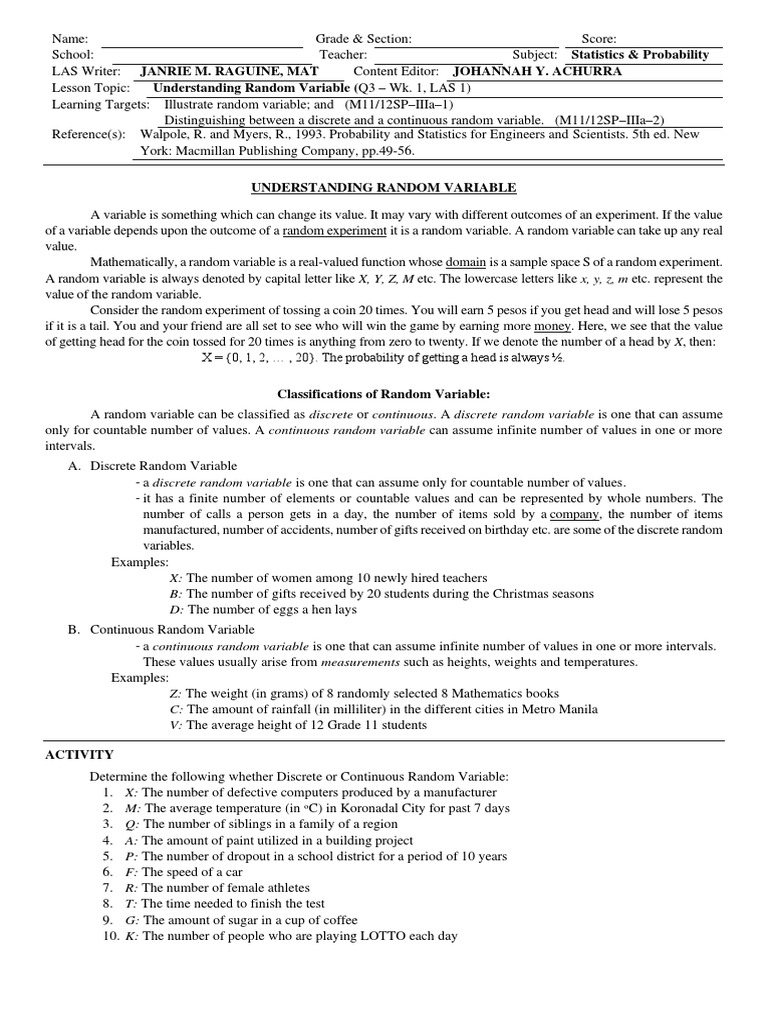 Stat Q3 WK1 Las1 | PDF | Probability Distribution | Random Variable