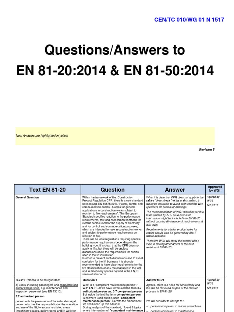 Questions/Answers To EN 81-20:2014 & EN 81-50:2014: CEN/TC 010/WG 01 N ...