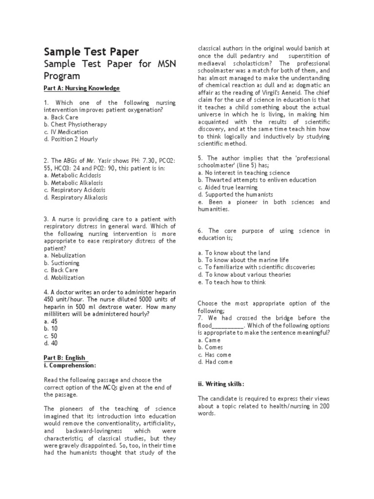 Sample Test Paper For MSN Program | PDF | Science | Cognition