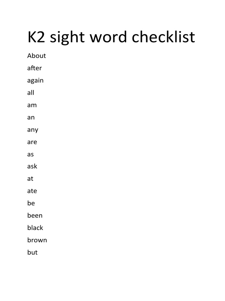K2 Sight Word Checklist: About After Again All Am An Any Are As Ask at ...