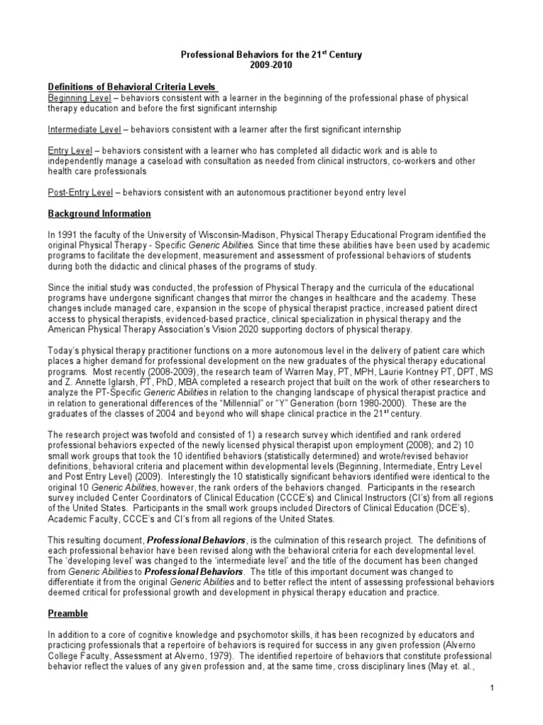 Apta Professional Behaviors Plan | PDF | Physical Therapy | Nonverbal ...