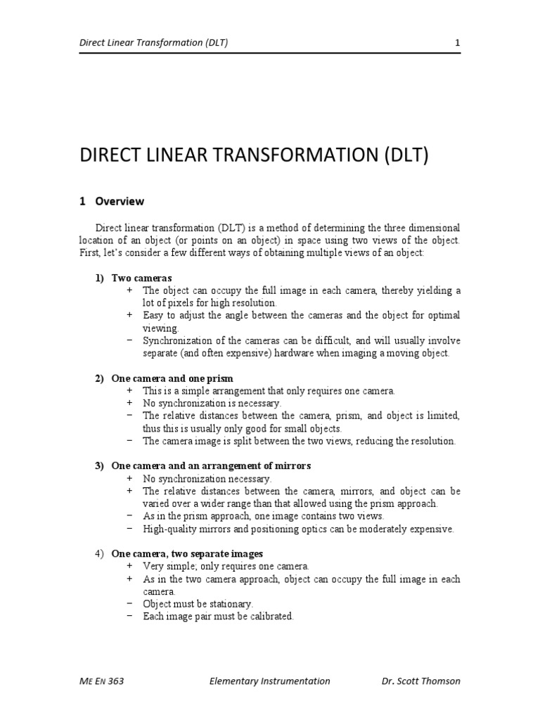 Direct Linear Transformation (DLT) : 1 Overview | PDF | Matrix (Mathematics) | Camera