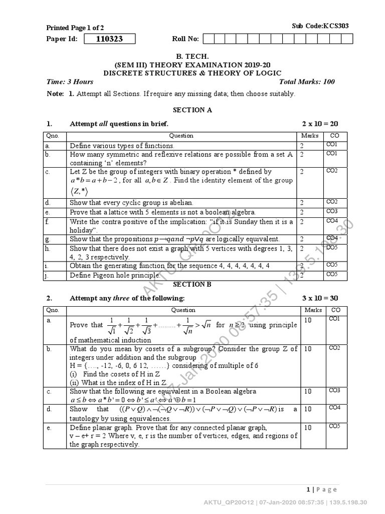 2020-Discrete Structures & Theory of Logic - KCS303 | PDF | Group (Mathematics) | Group Theory