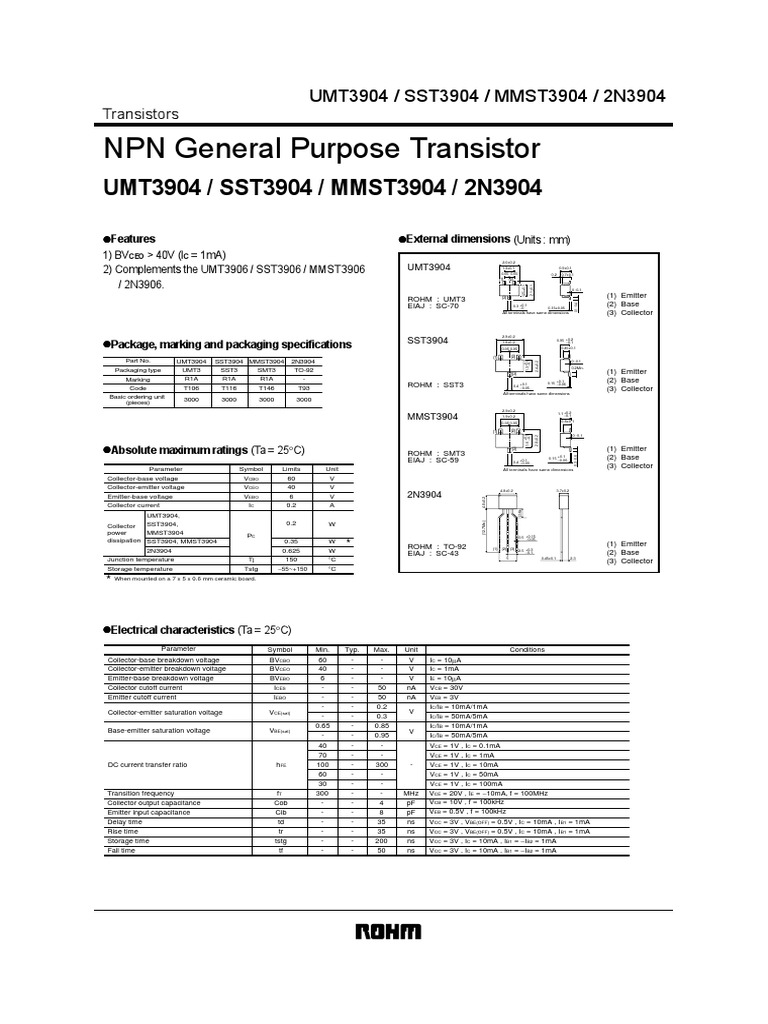 NPN General Purpose Transistor: UMT3904 / SST3904 / MMST3904 / 2N3904 | PDF | Bipolar Junction ...