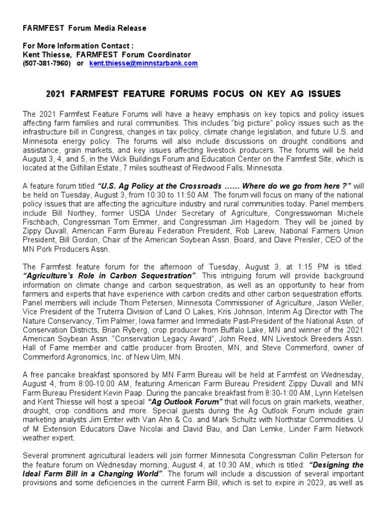 2021 Farmfest Feature Forums Focus On Key Ag Issues | PDF | United ...