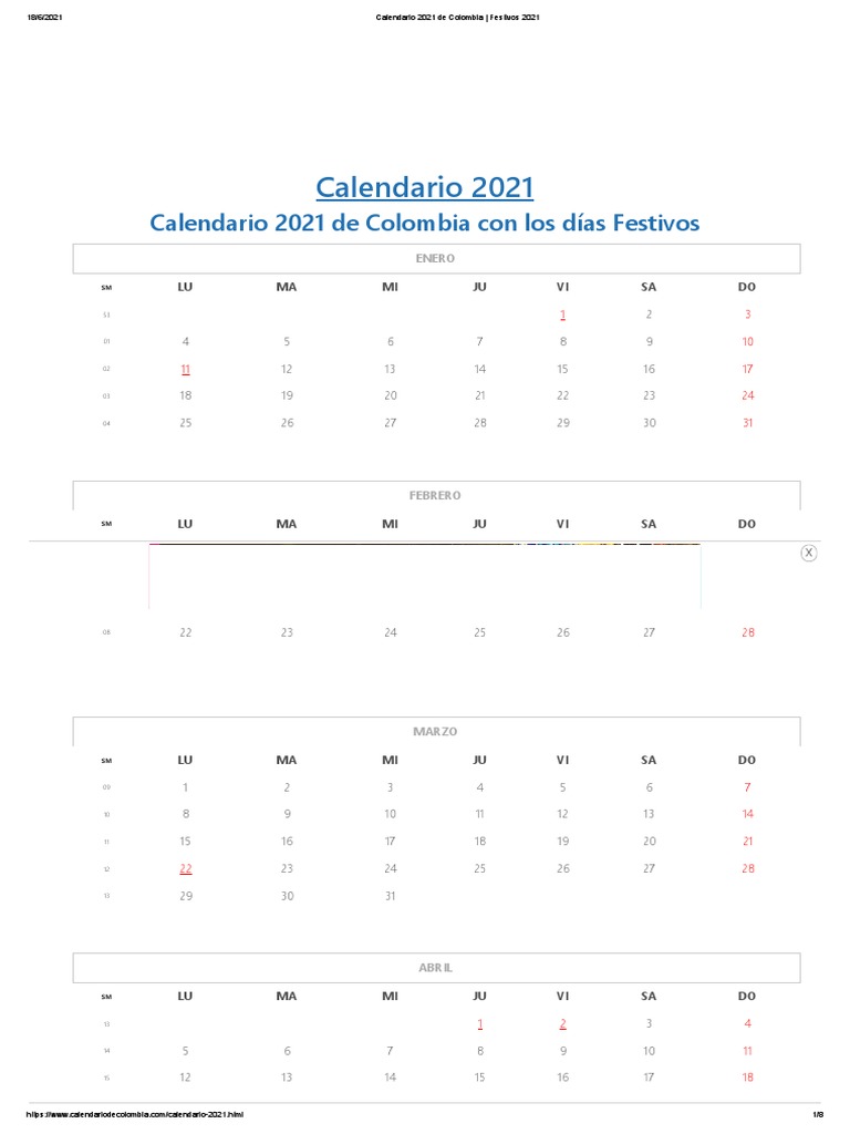 Calendario 2021 de Colombia - Festivos 2021 | PDF | Calendario | Fiesta ...