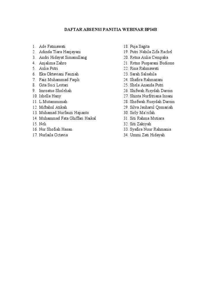 Daftar Absensi Panitia & Peserta Webinar Bpi4b | PDF
