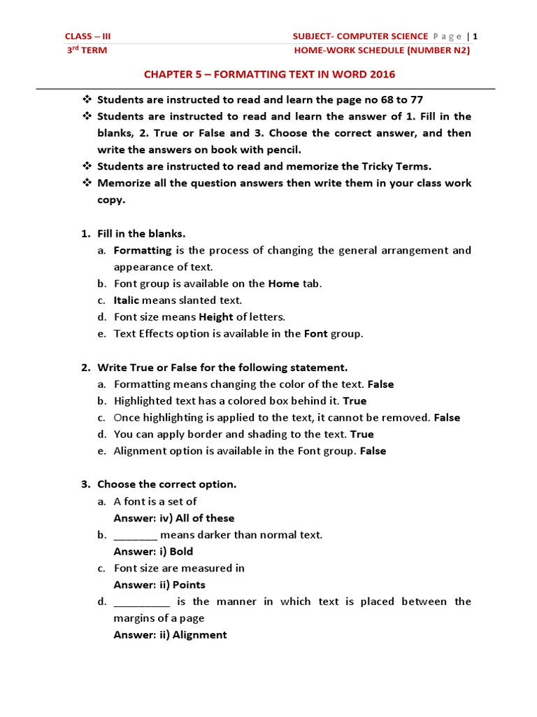 Chapter 5 - Formatting Text in Word 2016: Class - Iii Subject-Computer ...