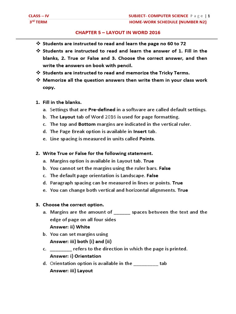 Chapter 5 - Layout in Word 2016: Class - Iv Subject-Computer Science 3 ...