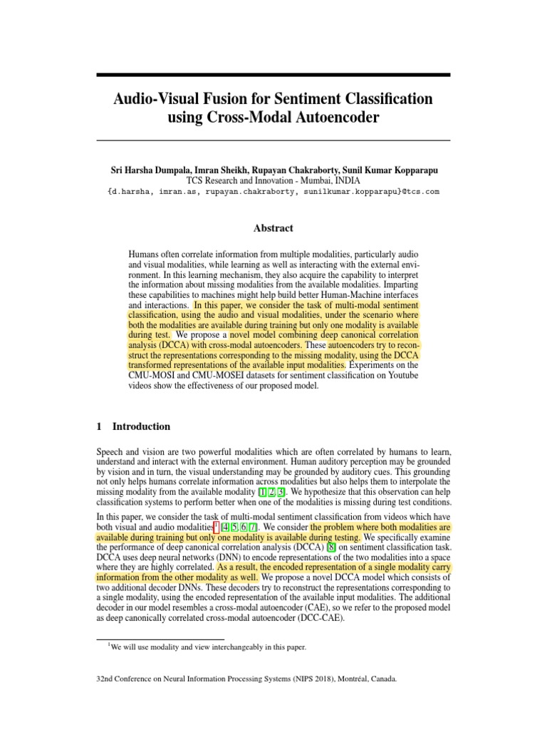 Audio Visual Fusion For Sentiment Classification Using Cross Modal Autoencoder 2018 Pdf Deep