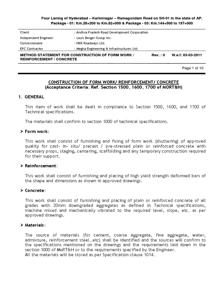 Form Work, Reinforcement & Concreting - Methodology | PDF | Concrete ...