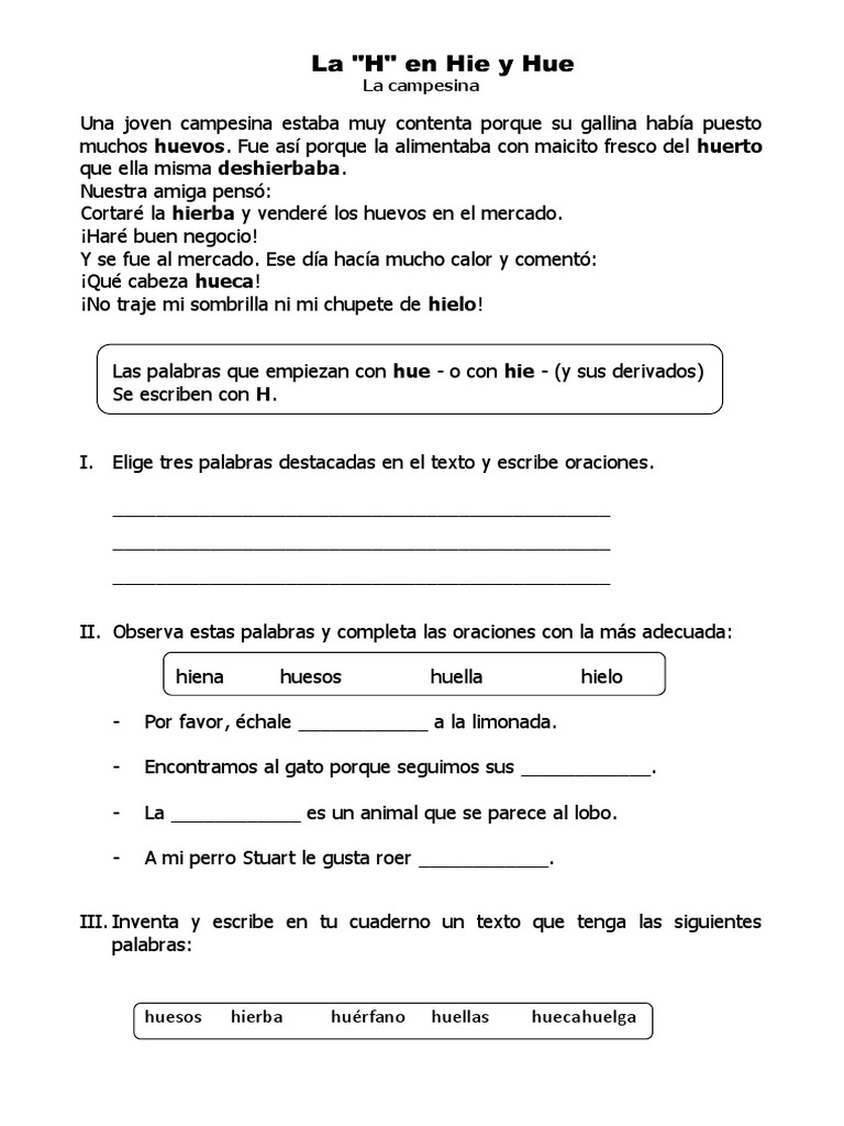 Ficha El Uso de La H para Cuarto de Primaria | PDF