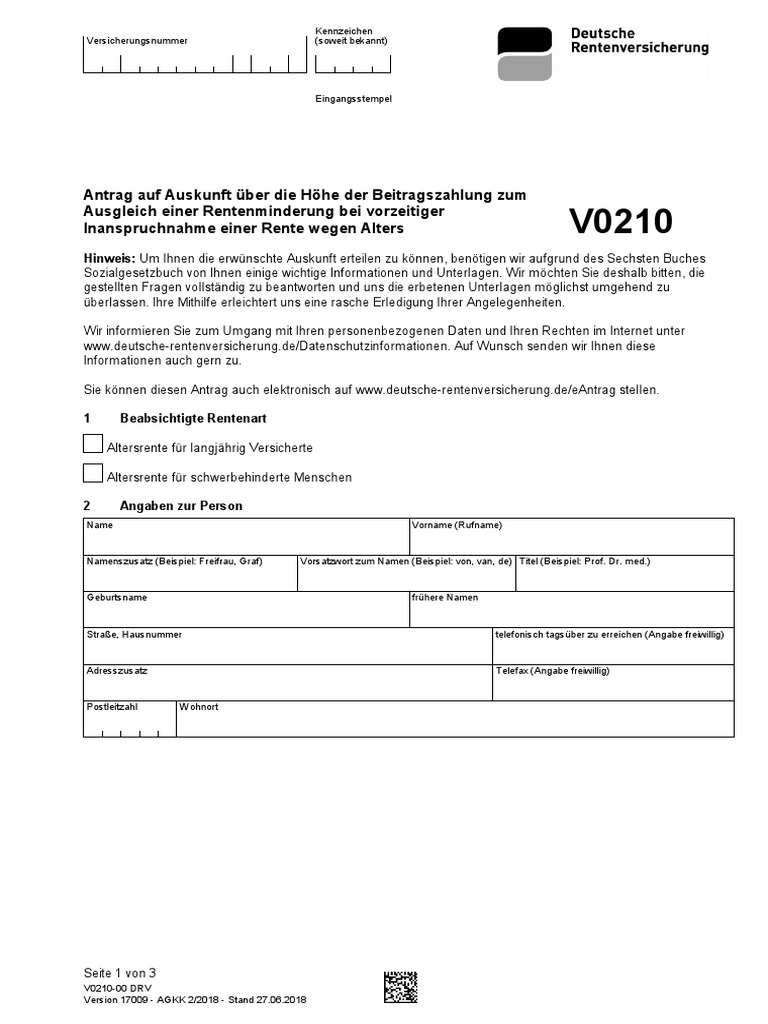 Antrag Auf Auskunft Über Die Höhe Der Beitragszahlung Zum Ausgleich Einer Rentenminderung Bei ...