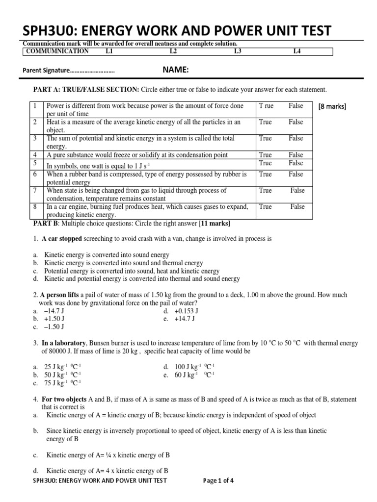 Energy Work Power Unit Test July 2021 | PDF | Kinetic Energy ...