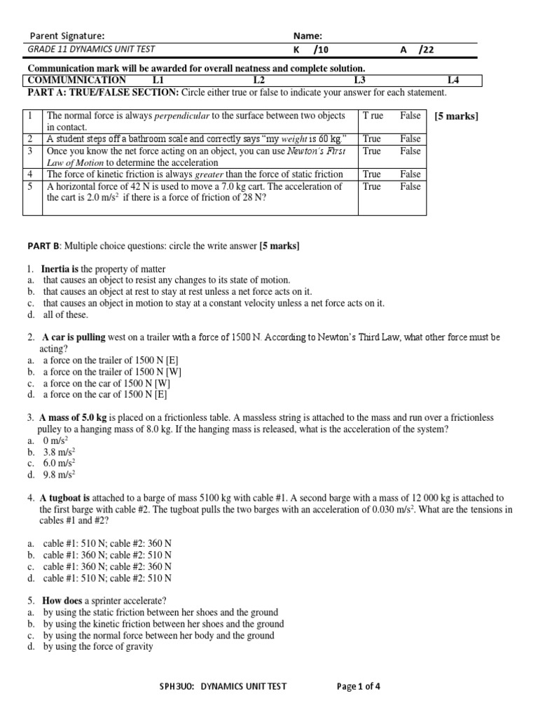 Grade 11 Dynamics Unit Test: Analysis of Forces, Motion, and Newton's ...